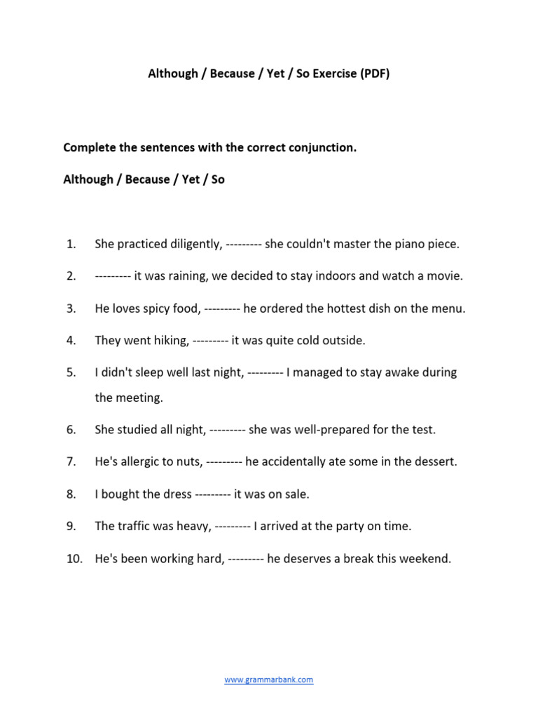 Although Because Yet So Exercise PDF | PDF