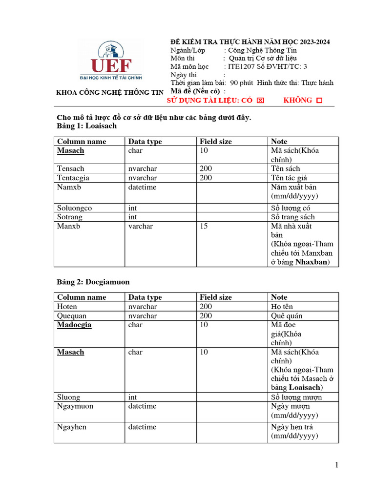 DeKiemTraTH - QTCSDL - NH 2023-2024 | PDF