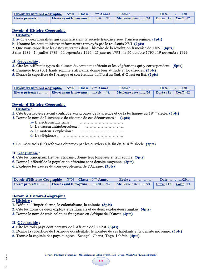 Devoirs d'Histoire-Géographie 9ème | PDF | Afrique | Colonialisme