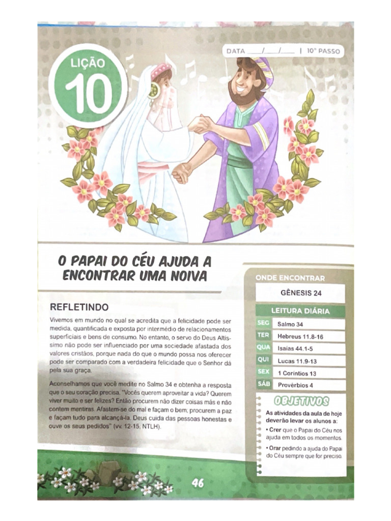 LIÇÃO 10 - O PAPAI DO CÉU AJUDA A ENCONTRAR UMA NOIVA. Prof | PDF