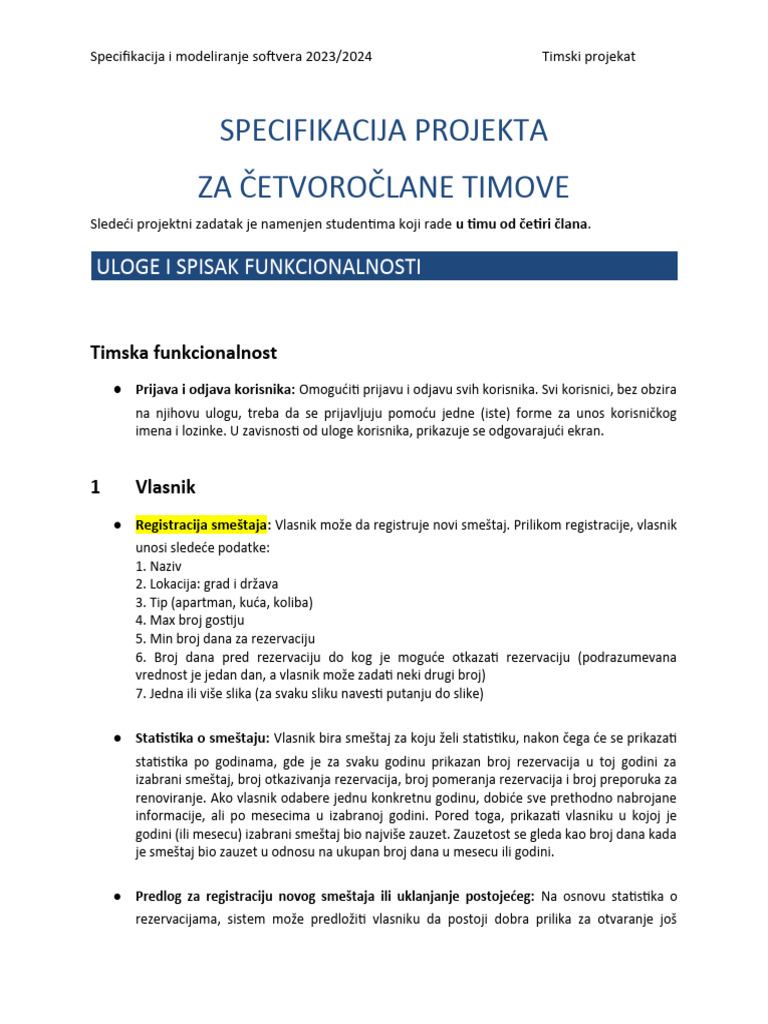 KT1 - Specifikacija Projekta Za Cetvoroclane Timove | PDF