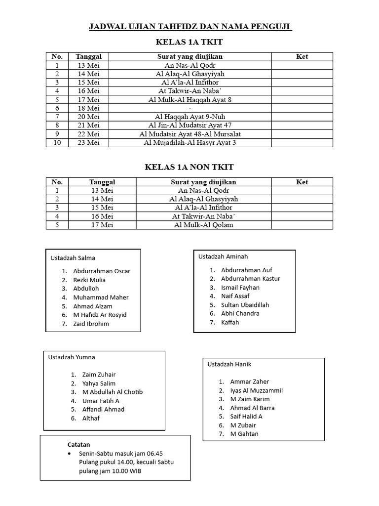 Revisi Jadwal Ujian Tahfidz Kelas 1-3 | PDF