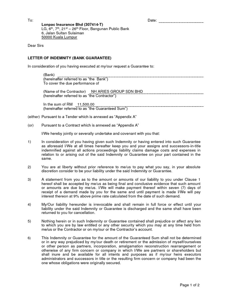 Letter of Indemnity For Bank Guarantee | PDF | Guarantee | Indemnity