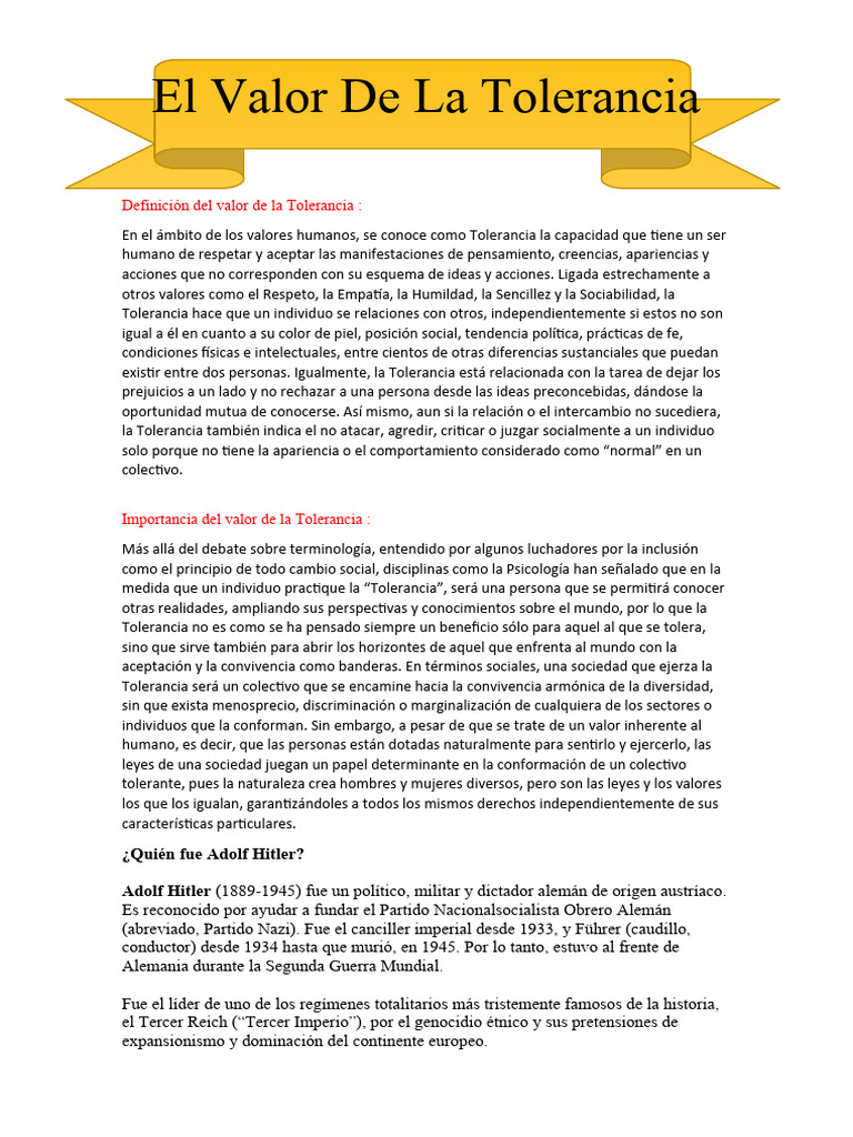 El Valor de La Tolerancia | PDF | Adolf Hitler | Alemania nazi
