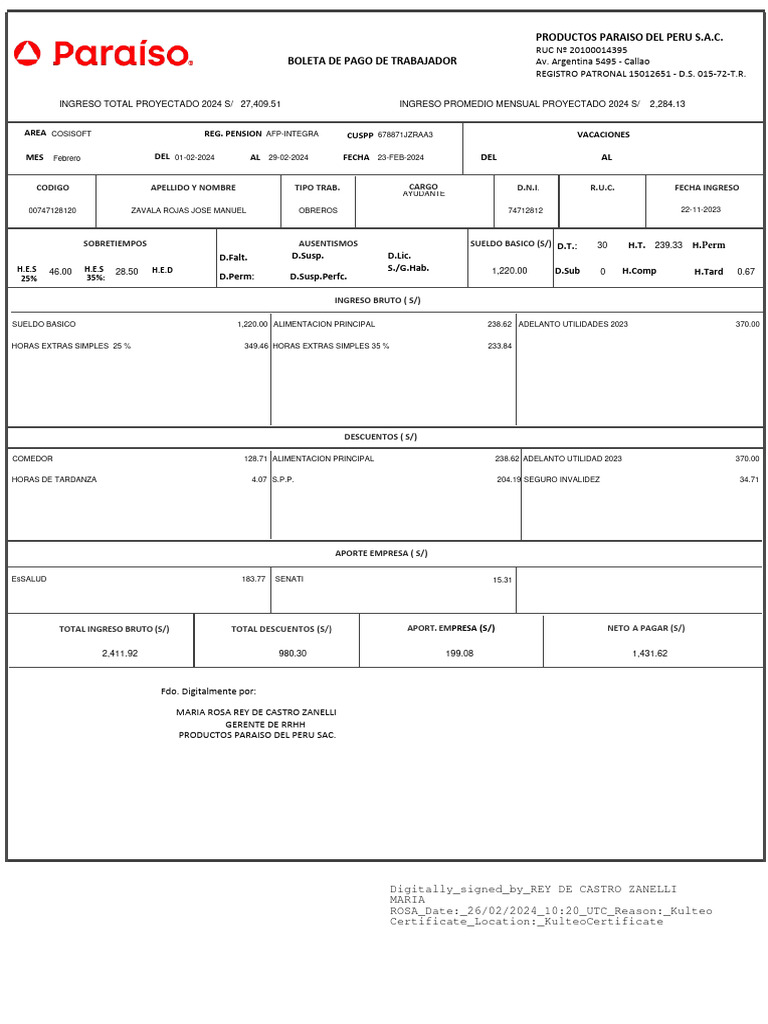 DEL AL: RUC #20100014395 Av. Argentina 5495 - Callao REGISTRO PATRONAL 15012651 - D.S. 015-72-T ...