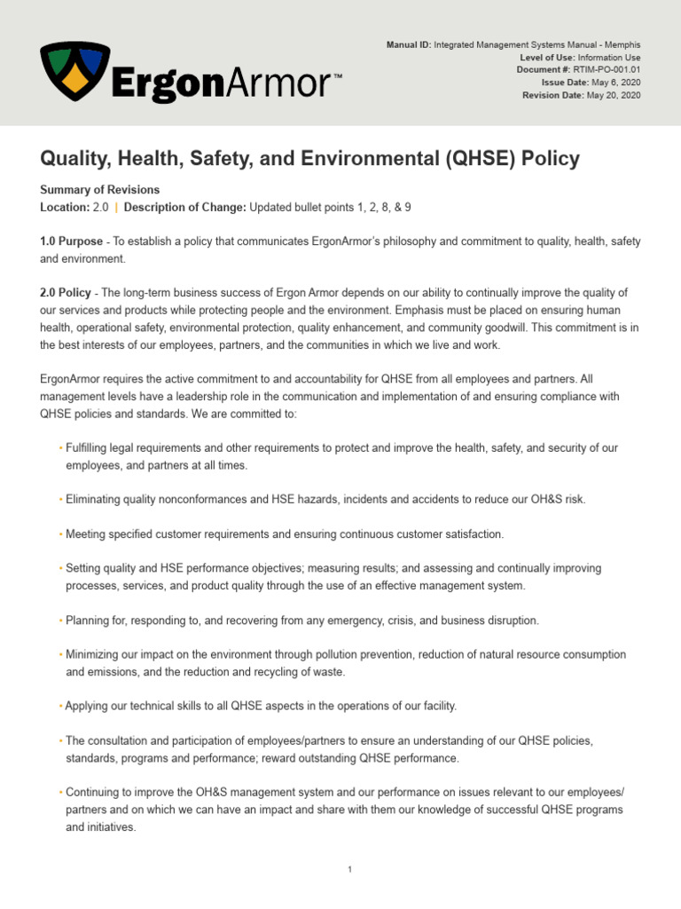 ErgonArmor Quality Health Safety and Evnironmental QHSE Policy FINAL | PDF | Safety | Policy
