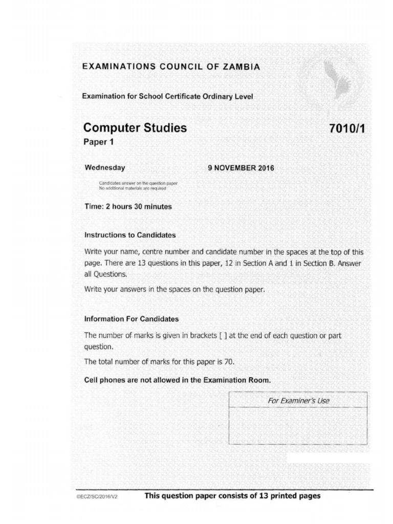 2016 Computer Studies Paper 1 Past Paper | PDF