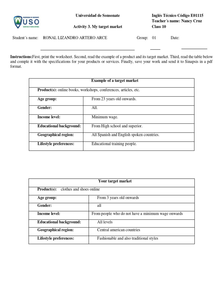 Class10.activity3. My Target Market | PDF