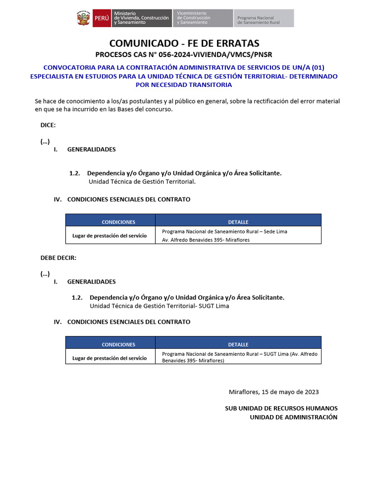 Fe de Erratas CAS 056-2024 VIVIENDA | PDF