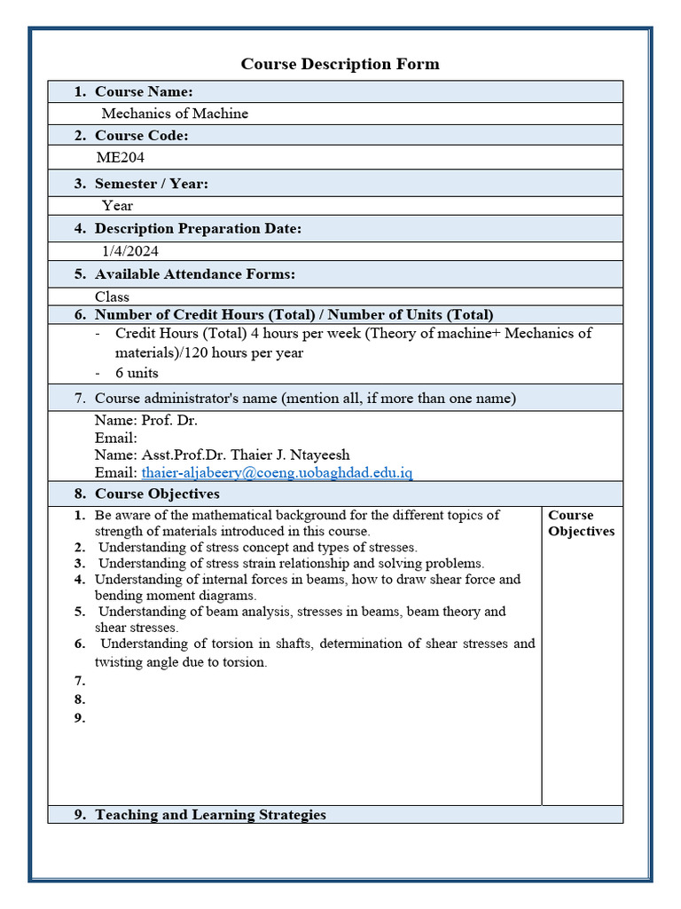 Course Description Form Mechanics of Machines Eng. 22-23 | PDF | Young's Modulus | Stress ...