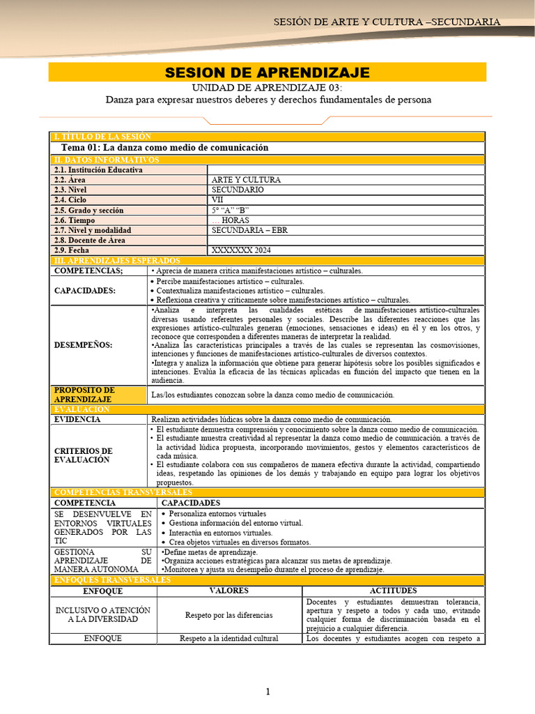 5° SEC. SESION ACTV 01. ARTE Y CULTURA 2024 | PDF | Bailes | Comunicación