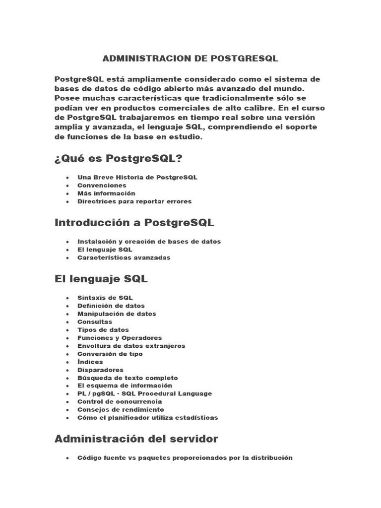 Administracion de Postgresql | PDF | Bases de datos | Postgre Sql