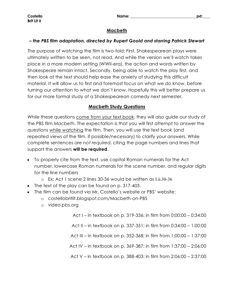 11 Macbeth PBS Film Study Questions | PDF | Business | Nature