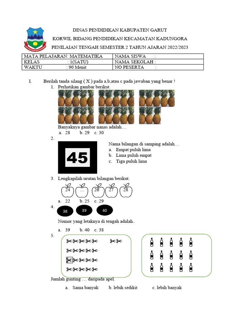 Soal PTS Matematika Kelas 1 | PDF