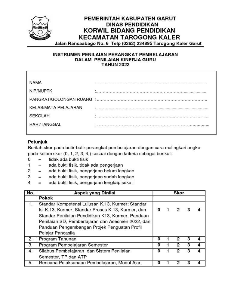 # Instrumen Penilaian Perangkat Pembelajaran PKG | PDF