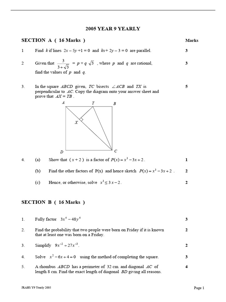 JRAHS Year 9 Math Exam 2005 | PDF | Equations | Mathematics