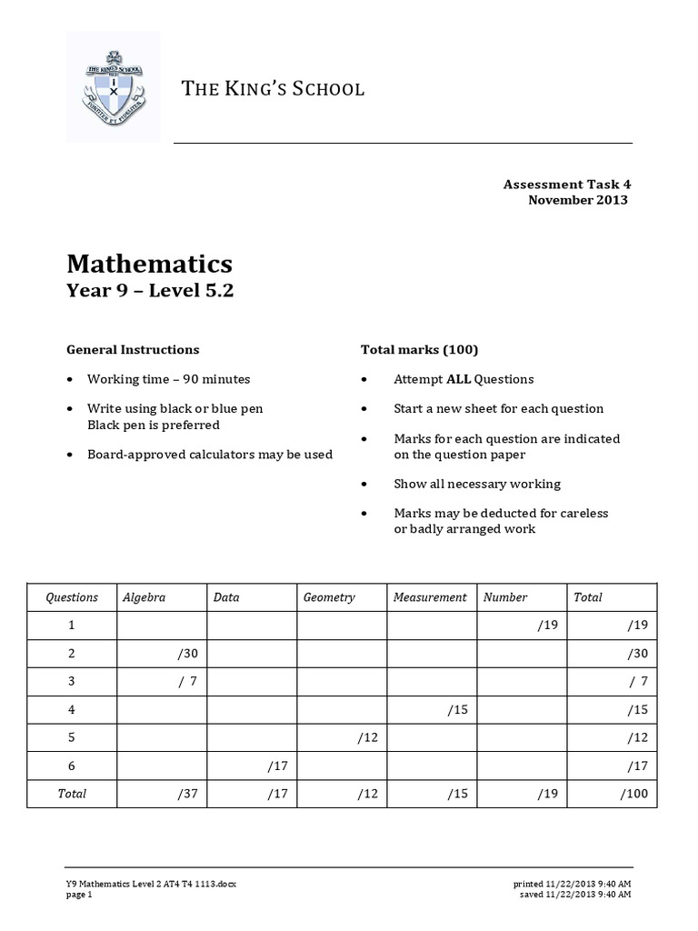 Kings 2013 Year 9 Maths Yearly & Solutions | PDF | Mathematics