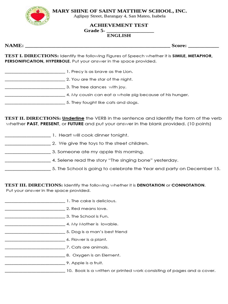 ACHIEVEMENT TEST GRADE 5 Google Docs | PDF