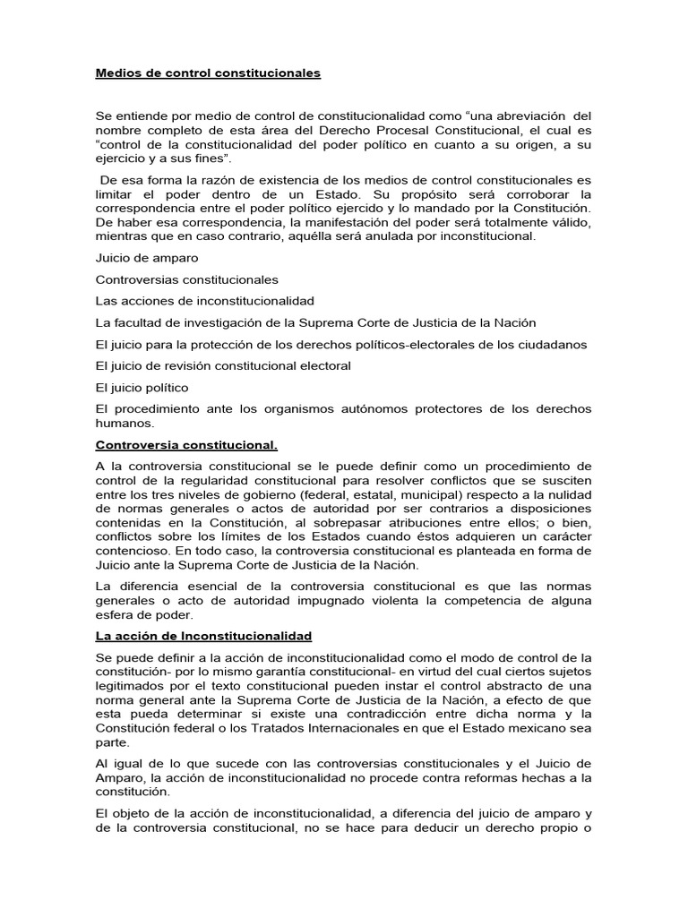 Medios de Control Constitucional en México | PDF | Constitución | Justicia