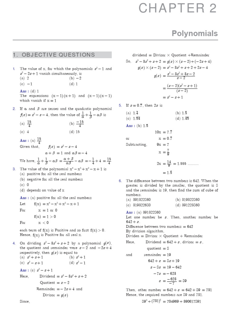 Objective Pdf Division Mathematics Quadratic Equation