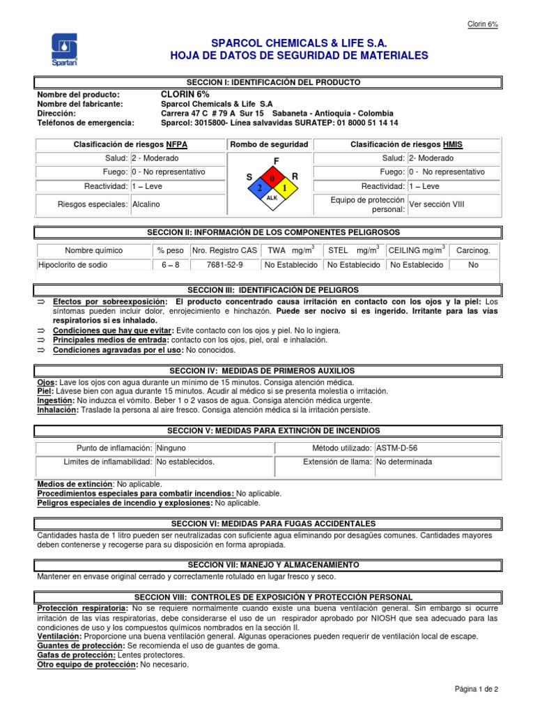 Hoja de Seguridad Clorin | PDF | Agua | Ventilación (Arquitectura)