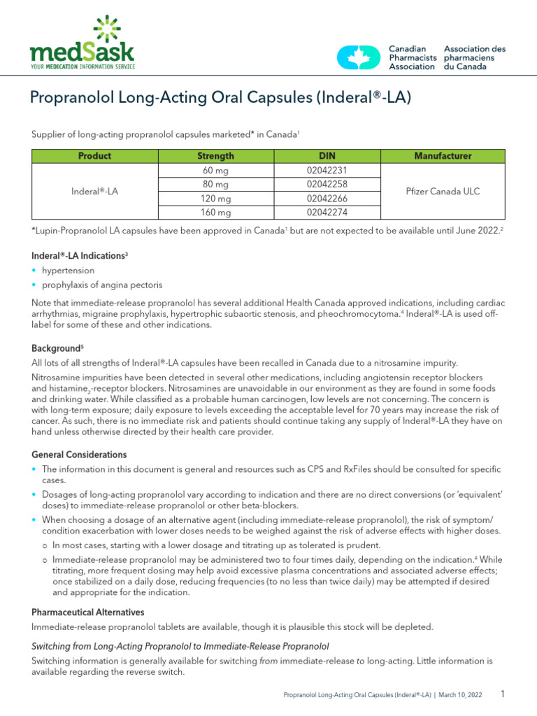 Propranolol Long Acting Shortage | PDF | Dose (Biochemistry) | Chemistry