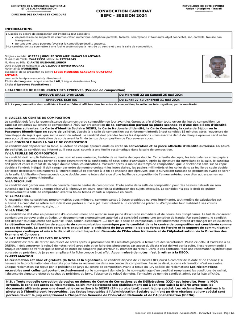 Convocation BEPC 2024 : Informations clés | PDF | Informatique