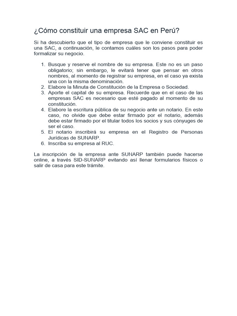 Cómo Constituir Una Empresa SAC en Perú | PDF