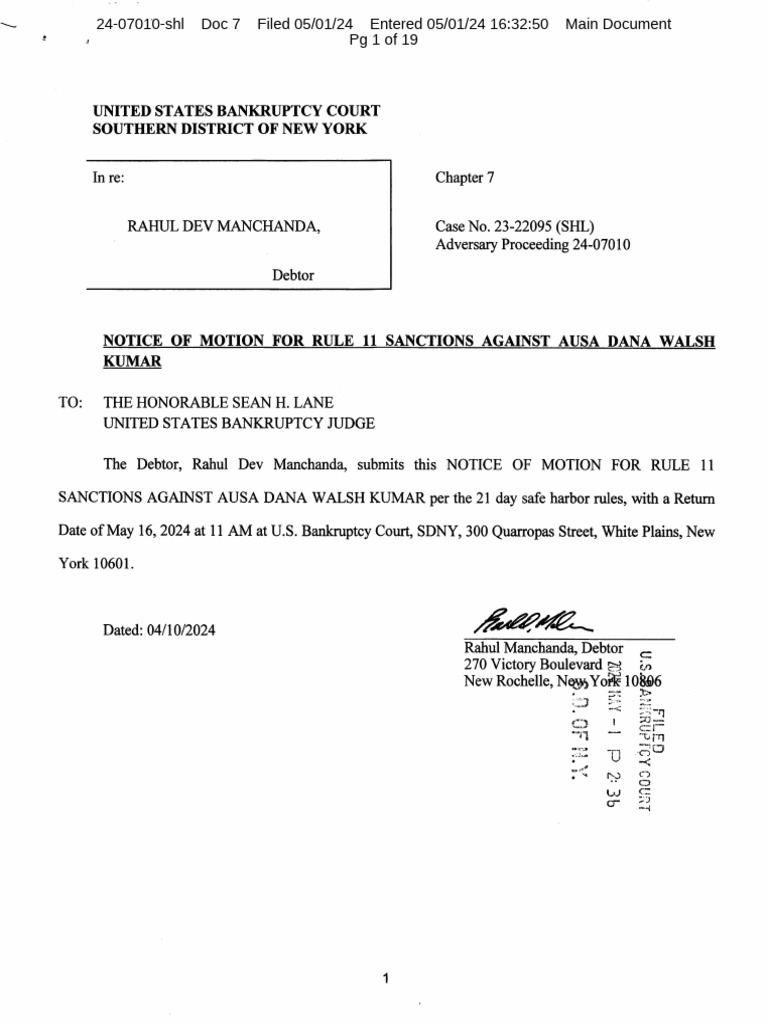 Notice of Motion For Rule 11 Sanctions Against Ausa Dana Walsh Kumar ...
