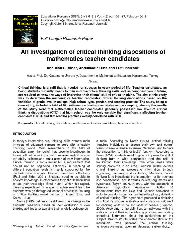 An Investigation of Critical Thinking Dispositions of | PDF | Critical ...