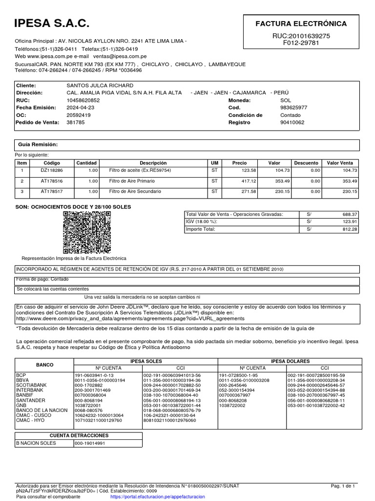 Ipesa S.A.C.: Factura Electrónica | PDF | Bancos | Servicios financieros