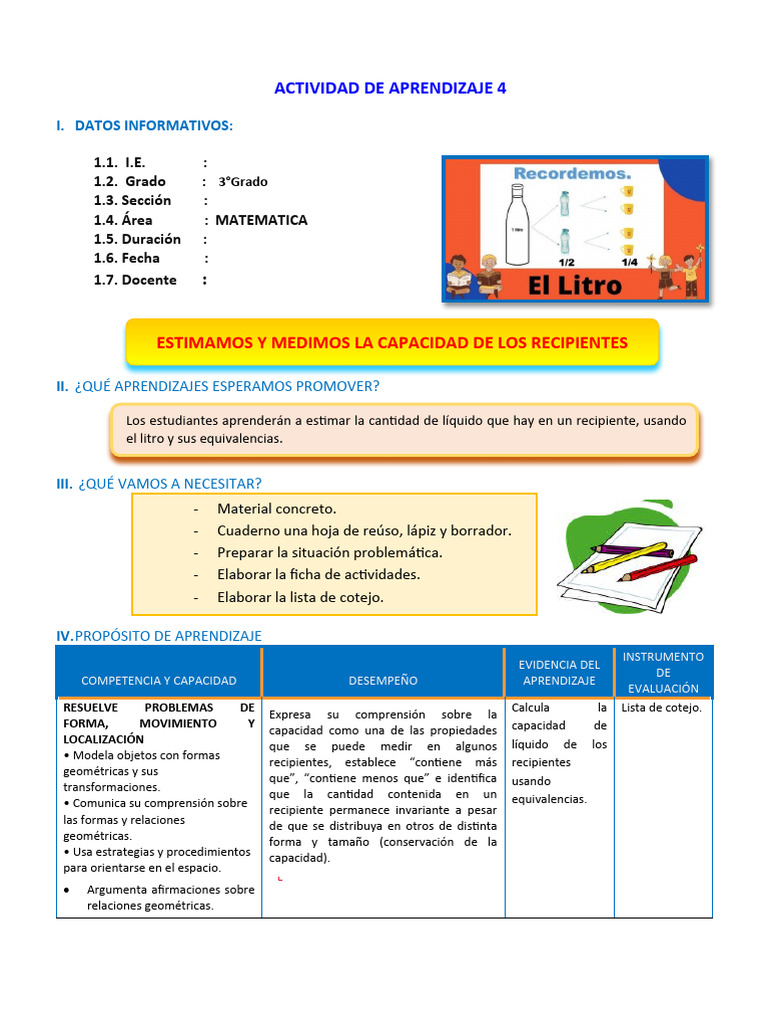 D4 A2 Sesion Mat. Estimamos y Medimos La Capacidad de Los Recipientes ...