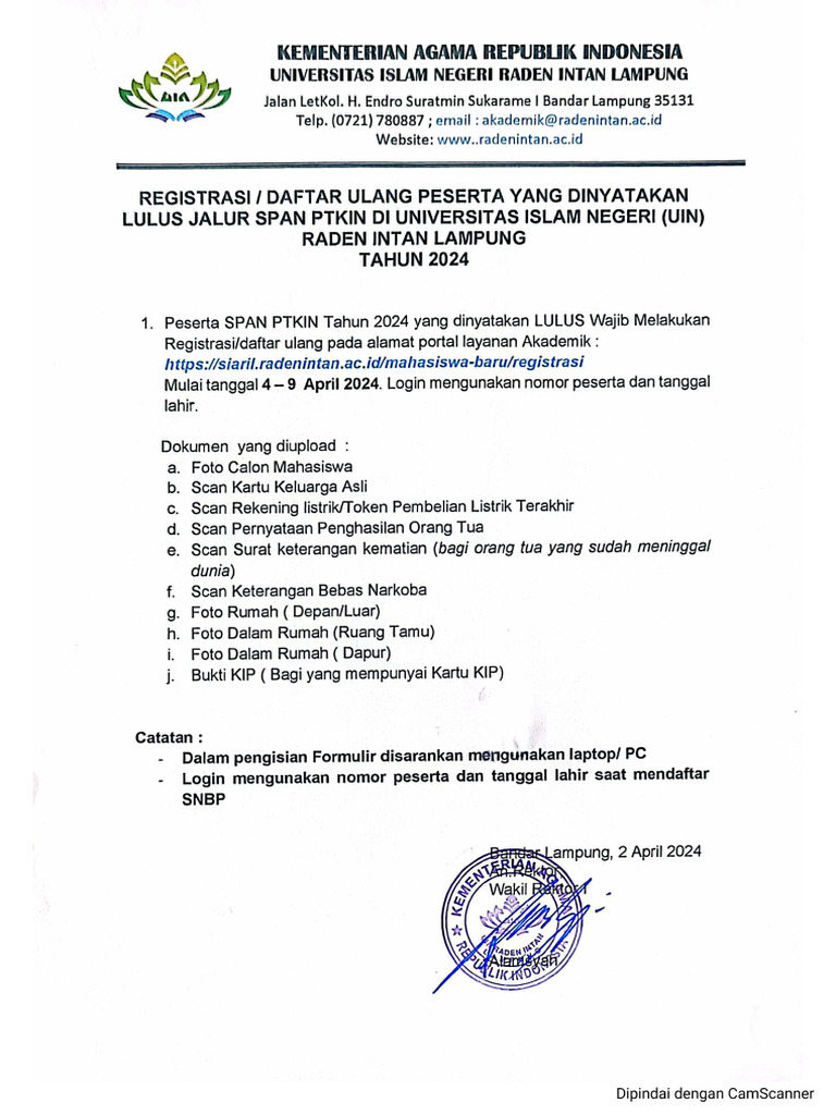 Pengumuman Registrasi Daftar Ulang Peserta Jalur SPAN PTKIN 2024 1 | PDF Pengumuman Registrasi Daftar Ulang Peserta Jalur SPAN PTKIN 2024 1 | PDF