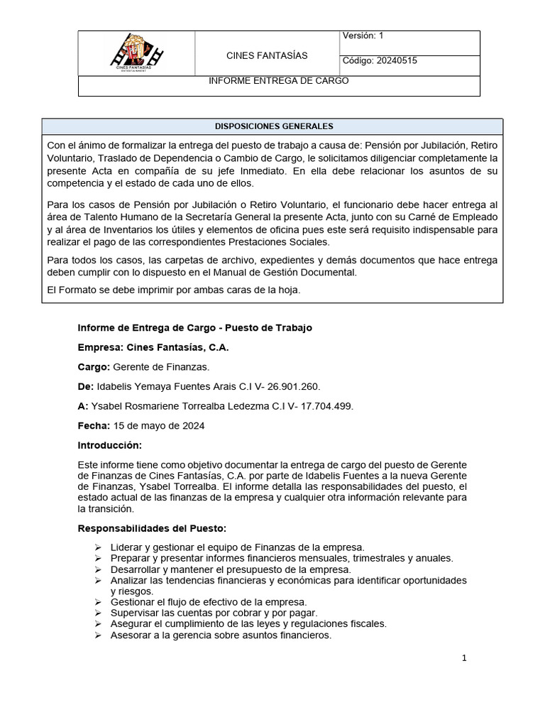 informe entrega de cargo | PDF | Economias | Business