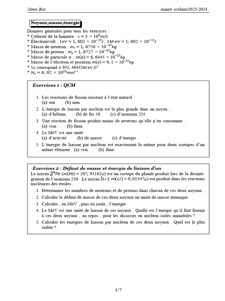 Exercices corrigés sur noyaux et énergie | PDF | Noyau atomique ...