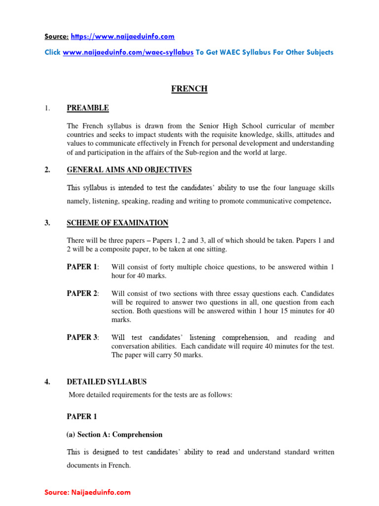 WAEC French Syllabus Overview 2025 | PDF | Grammatical Number | Part Of ...