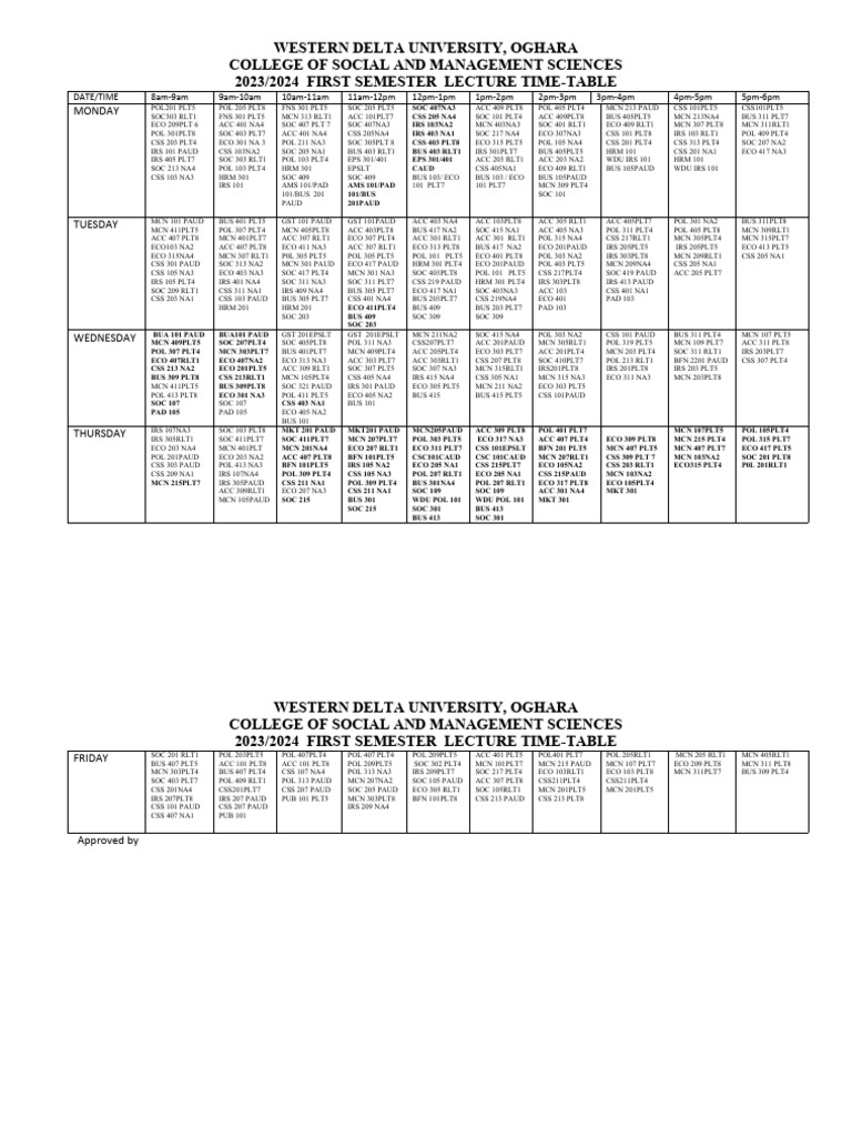 2023 2024 First Semester Lecture Timetable 222 | PDF