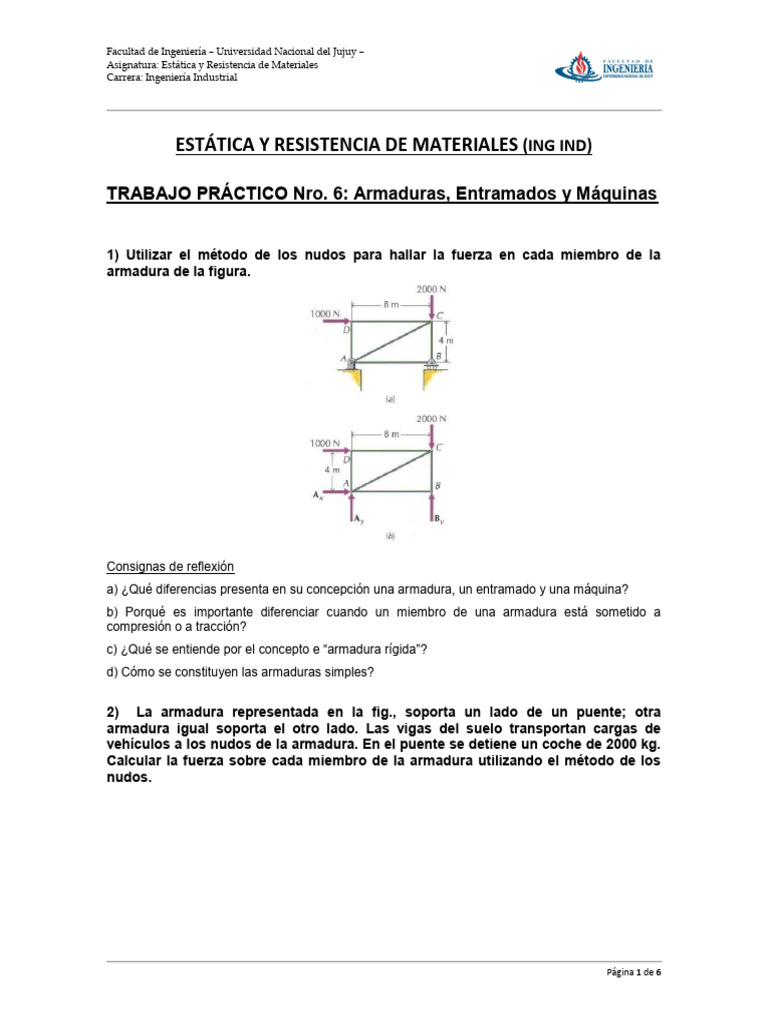 T P #6 Reticulados (Ing Ind) | PDF | Braguero | Ingeniería mecánica