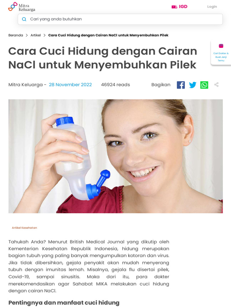 Cara Cuci Hidung Dengan Cairan NaCl Untuk Menyembuhkan Pilek - Mitra Keluarga | PDF
