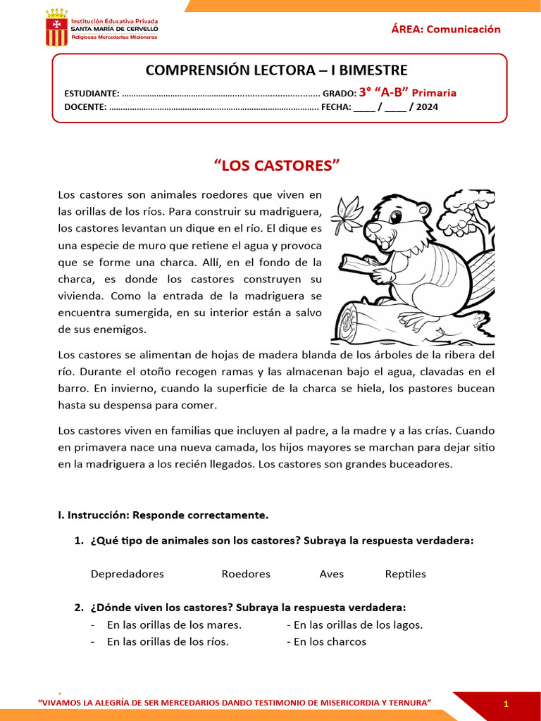 Comprensión Lectora - Los Castores | Descargar gratis PDF | Castor ...