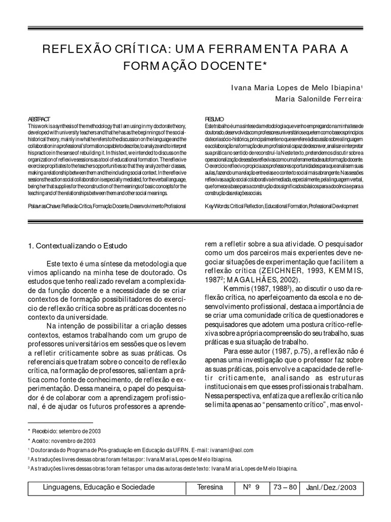 Reflexão Crítica Uma Ferramenta Para A Pdf Aprendizado Psicologia