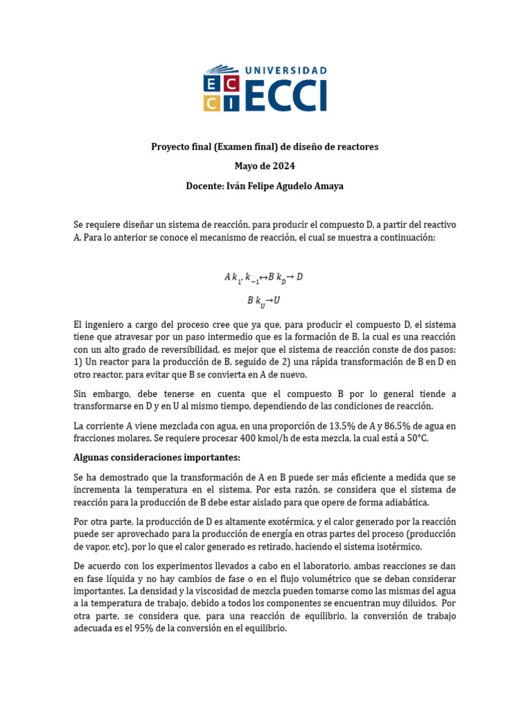 Examen Final Dise-O de Reactores | PDF | Reactor Quimico | Agua