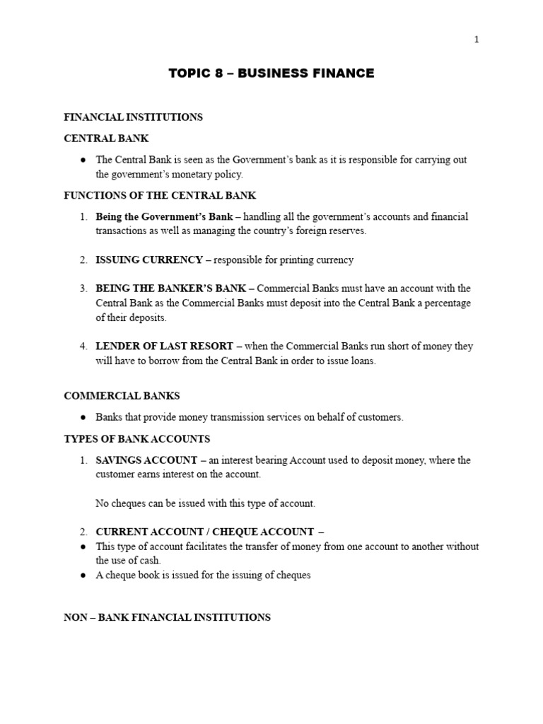 Pob Topic 8 - Business Finance (1) | PDF | Banks | Bookkeeping