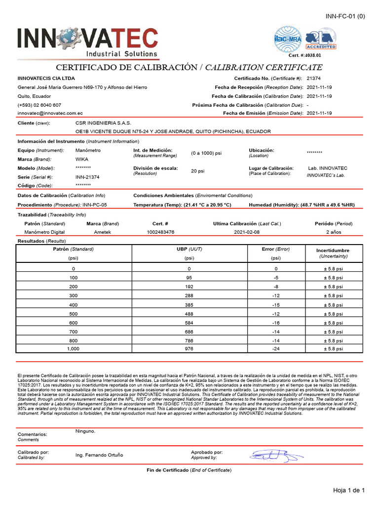 Certificado de Calibración Manómetro | PDF | Metrología ...