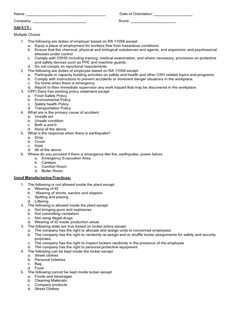 2024 Exam For New Hired Employee 6 | PDF | Personal Protective ...