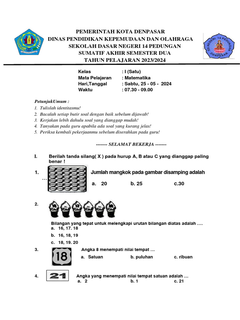 SOAL SAT Matematika Kelas 1 SMS II | PDF