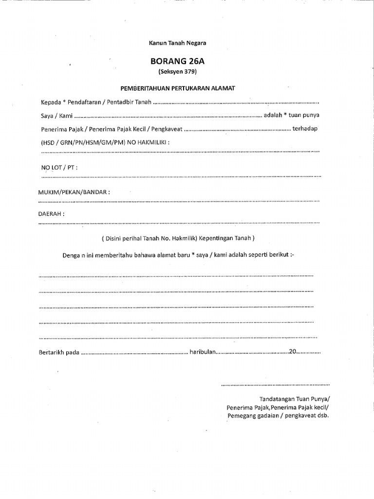 Borang - 26 - A Pertukaran Alamat Cukai Tanah | PDF