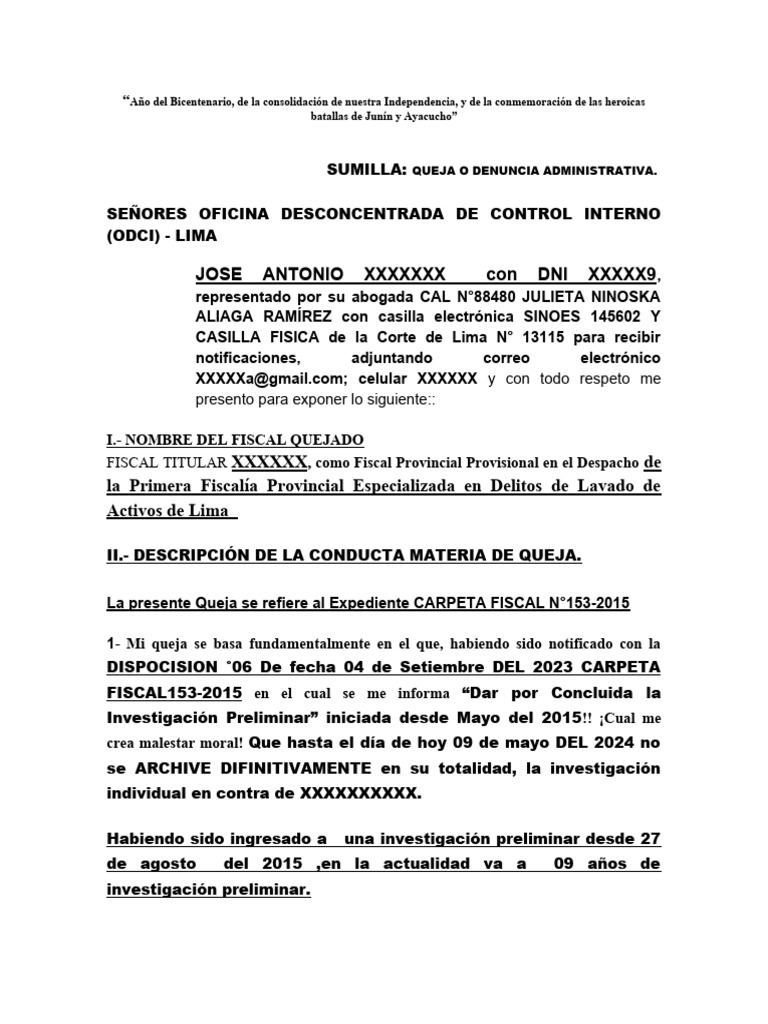 Queja Control Interno Fiscalía Oficina Desconcentrada de Control de Lima Centro - ODC | PDF ...