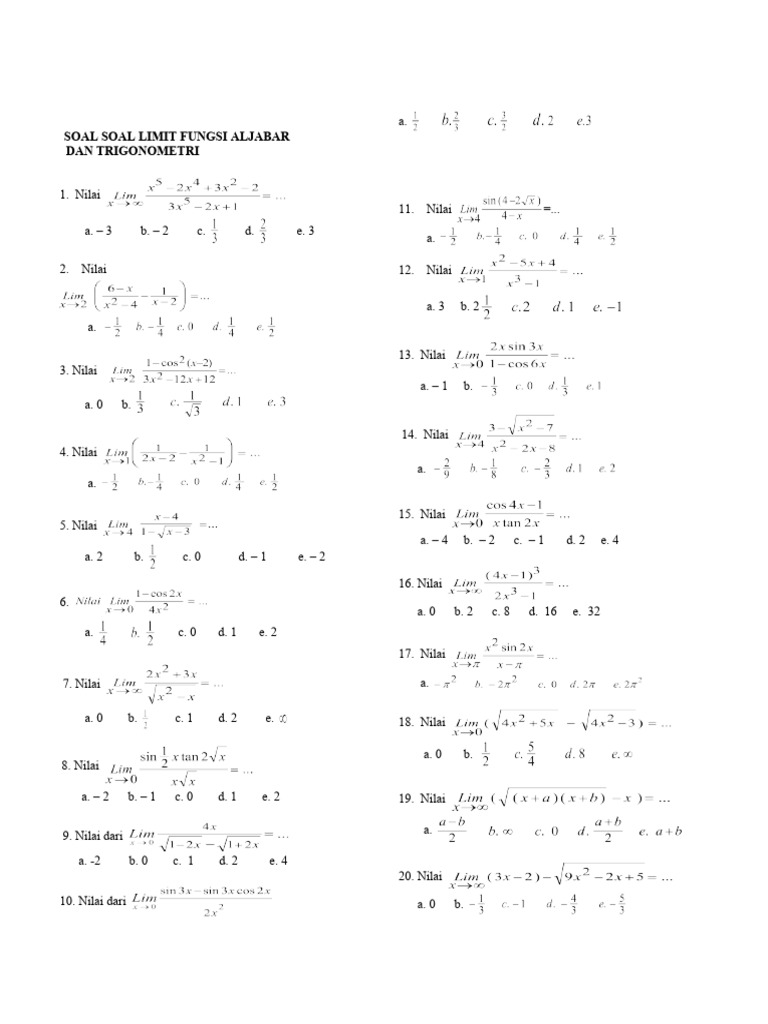 Soal Limit Fungsi Aljabar & Trigonometri | PDF