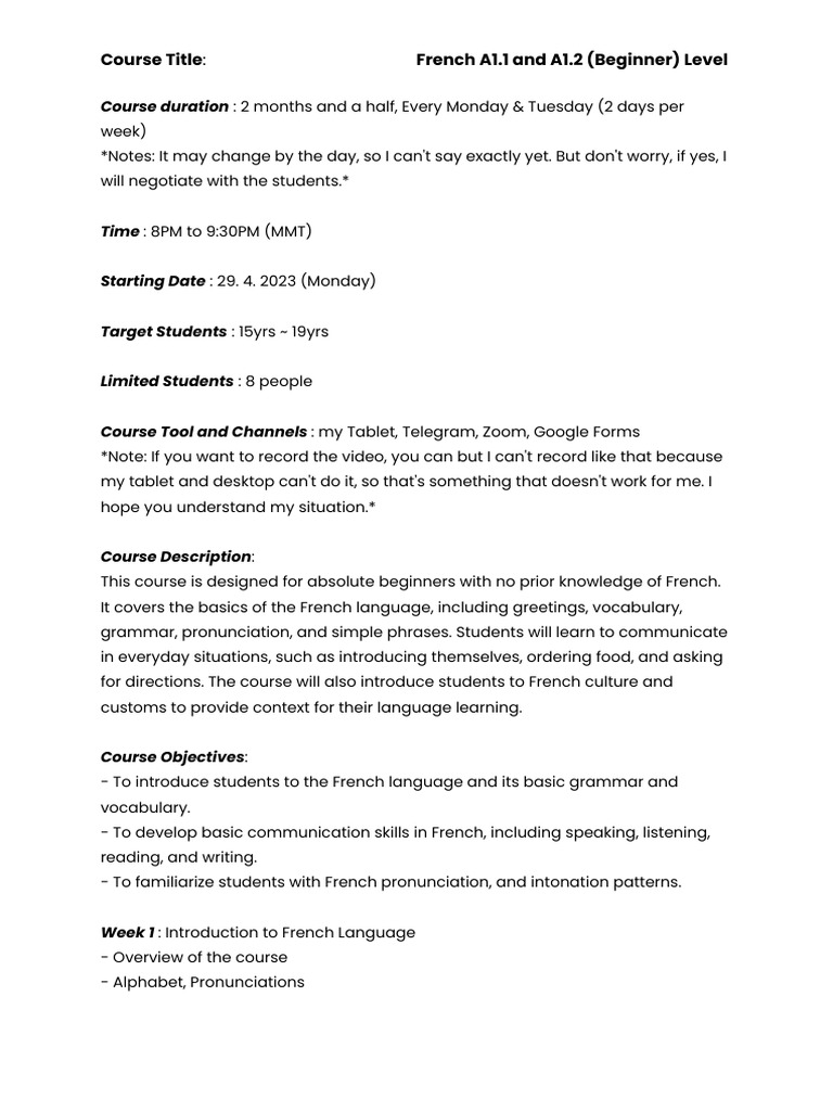 French A1.1 & A1.2 Course Outline | PDF | Grammar | Languages